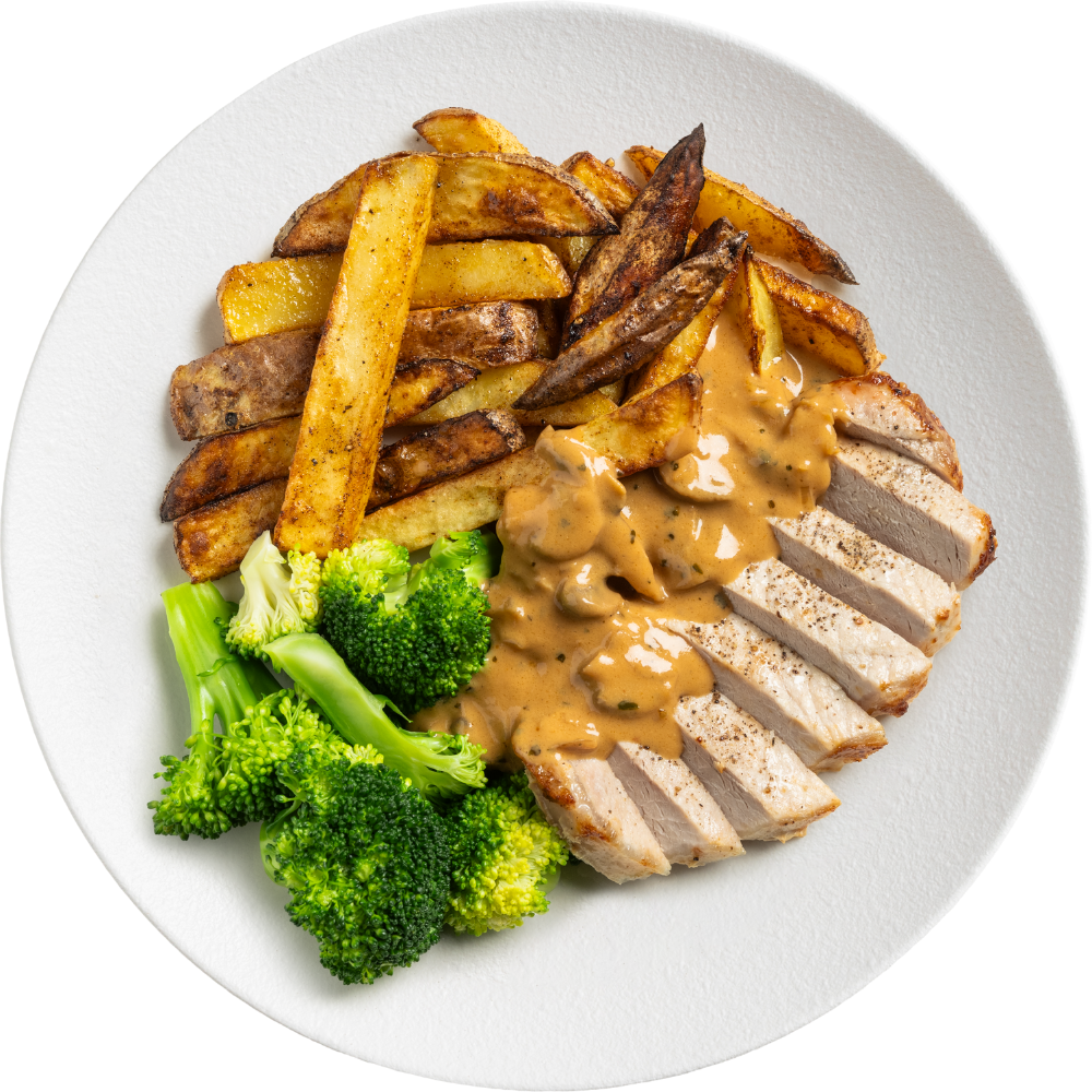 Pork & Rustic Cut Potatoes with Mushroom Onion Gravy | Youfoodz Meal ...