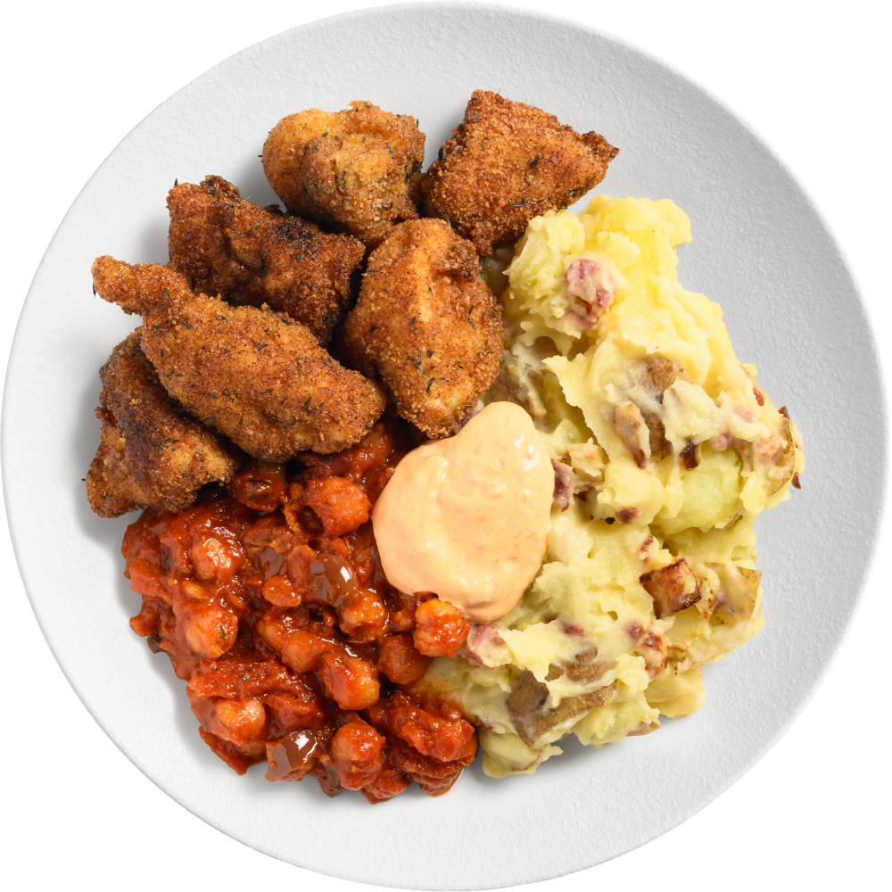 Chicken Bites And Chickpea Salad With Loaded Mash Youfoodz Meal